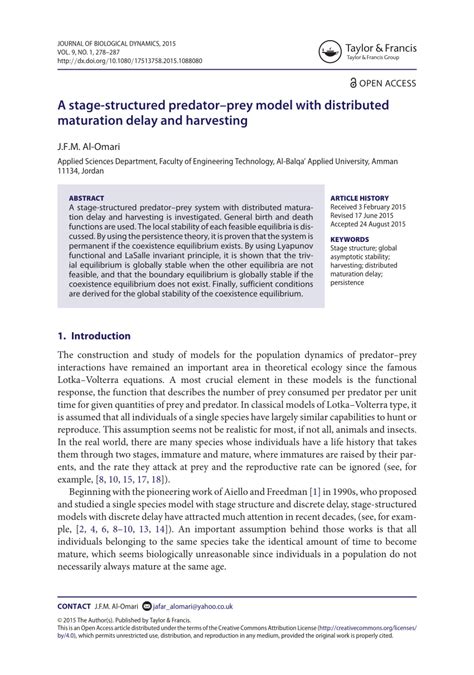 Pdf A Stage Structured Predator Prey Model With Distributed