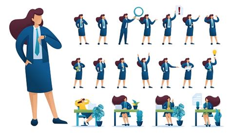 비즈니스 우먼 의 집합 다양한 포즈와 액션으로 다양한 프리젠 테이션 2d 플랫 문자 벡터 일러스트레이션 N4 귀여운에 대한 스톡 벡터 아트 및 기타 이미지 Istock
