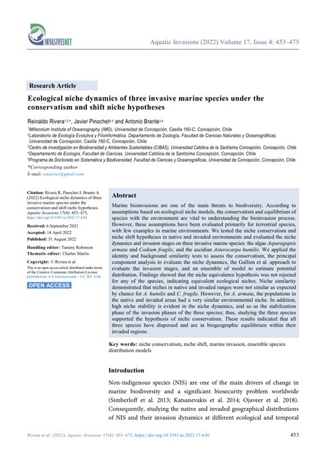 Pdf Ecological Niche Dynamics Of Three Invasive Marine Species Under