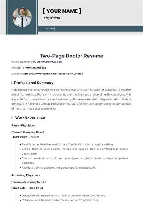 Free Two Page Doctor Resume Template To Edit Online