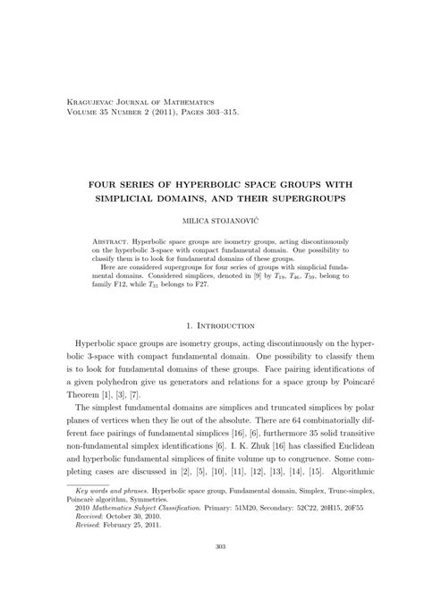 Pdf Four Series Of Hyperbolic Space Groups With Simplicial Domains And Their Supergroups