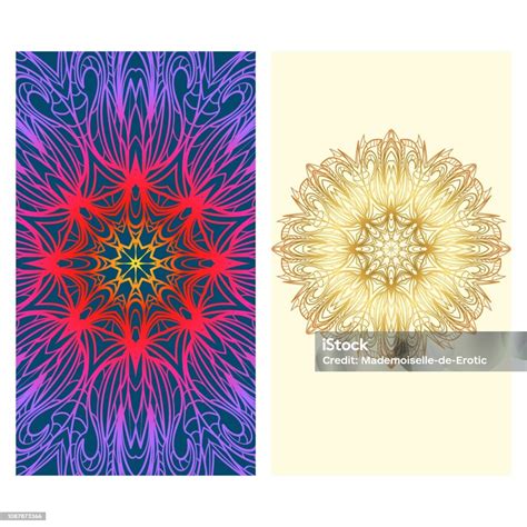 벡터 만다라 패턴입니다 플라이어 또는 안 내장 카드 디자인에 대 한 두 개의 템플릿입니다 배너 인사말 카드 선물 태그에 대 한 0명에 대한 스톡 벡터 아트 및 기타 이미지