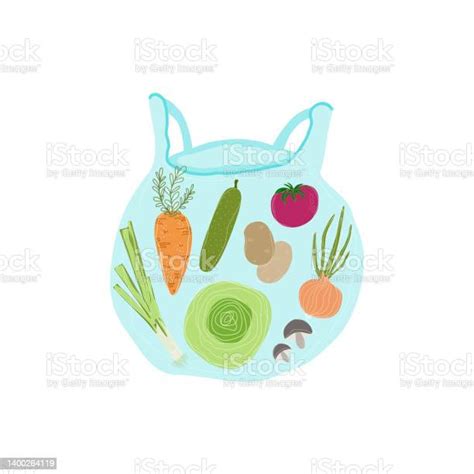 쇼핑백 플랫 벡터 일러스트 세트 식료품 구매 제품이있는 가방 자연 식품 유기농 과일 및 야채 백화점 상품 당근 오이 양배추 감자
