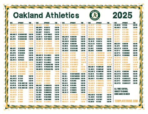 Printable 2025 Oakland Athletics Schedule