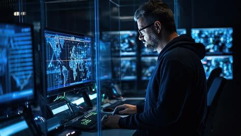 Premium Ai Image Side View Of Hacker In Eyeglasses Using Computer In Server Room