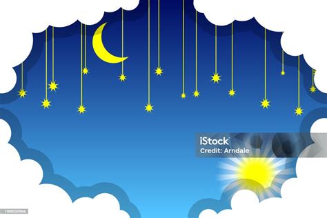 낮과 밤 하늘입니다 파란색 배경에 흰색 구름 태양 달과 별 종이 컷 스타일 0명에 대한 스톡 벡터 아트 및 기타 이미지 0명 3차원 형태 공예 Istock
