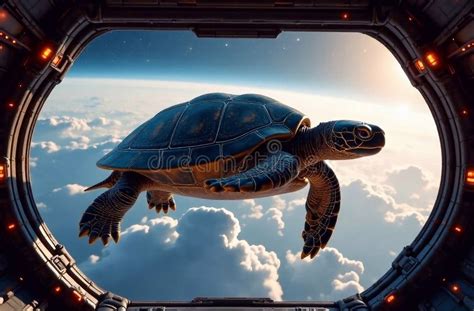 A Large Turtle In A Space Style Flies In Space View From The Cabin Of