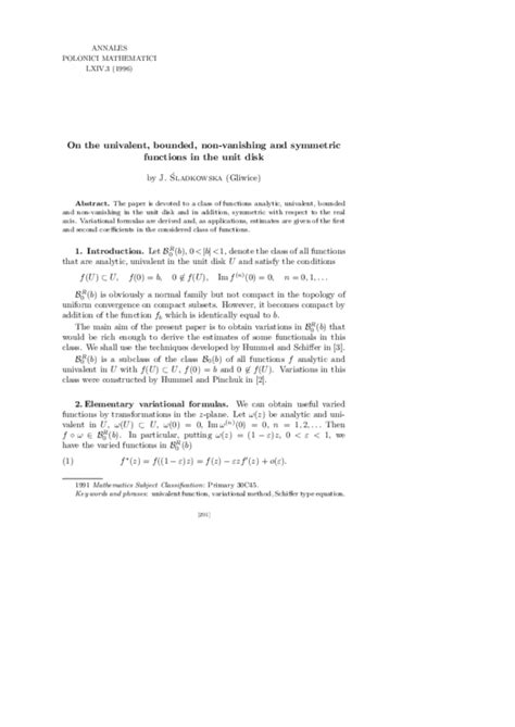 Pdf On The Univalent Bounded Non Vanishing And Symmetric Functions In The Unit Disk