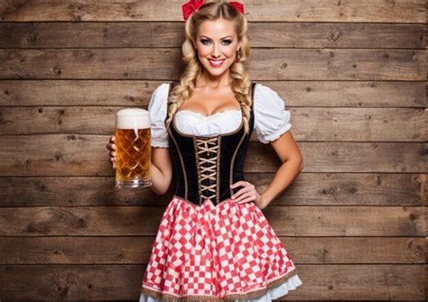 Oktoberfest Young Beautiful Blonde Holding Mugs Of Fresh Tasty Beer