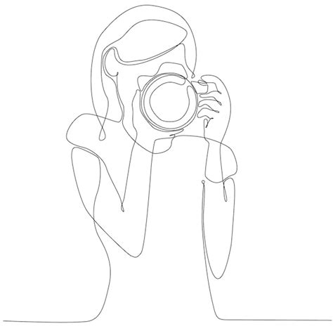 카메라로 사진을 만드는 연속 선 그리기 여자 프리미엄 벡터