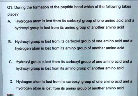 Solved Q1 During The Formation Of The Peptide Bond Which Of The Following Takes Place