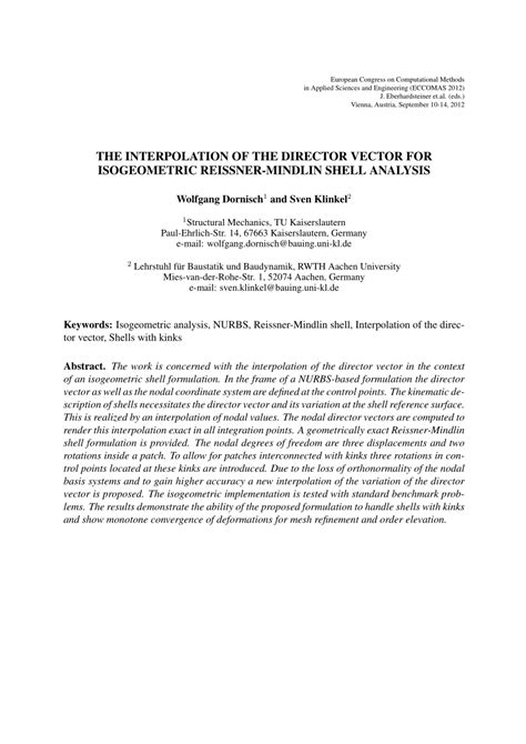 Pdf The Interpolation Of The Director Vector For Isogeometric Reissner Mindlin Shell Analysis
