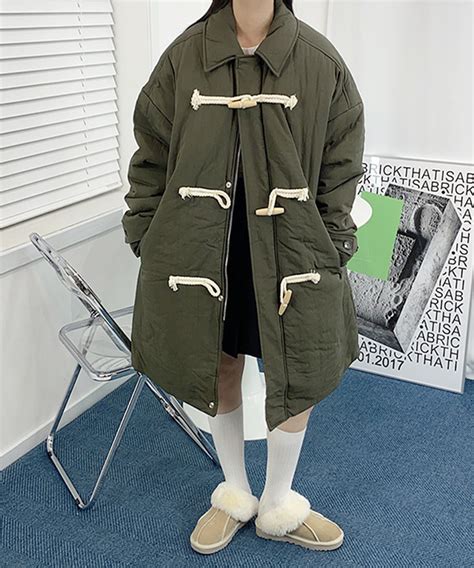 이피 남녀공용 여성 누빔 하프 롱 떡볶이 야상 더플 커플 오버핏 패딩 코트 점퍼 카키 네이비