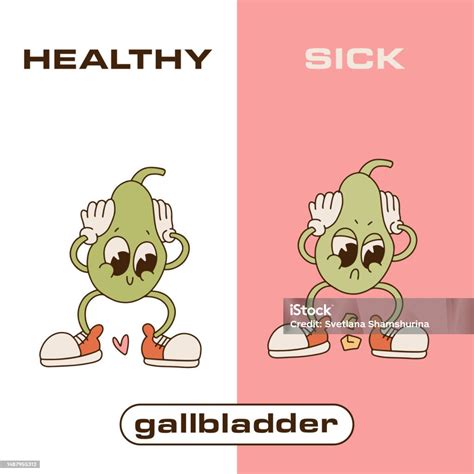 행복한 건강한 담낭 대 돌이 있는 아픈 슬픈 담낭 복고풍 만화 캐릭터는 담낭염 담석 질환의 문제를 설명합니다 손으로 그린