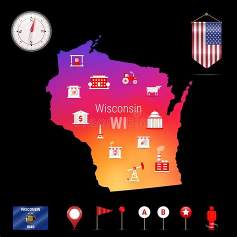 Wisconsin Vector Map Night View Compass Icon Map Navigation Elements