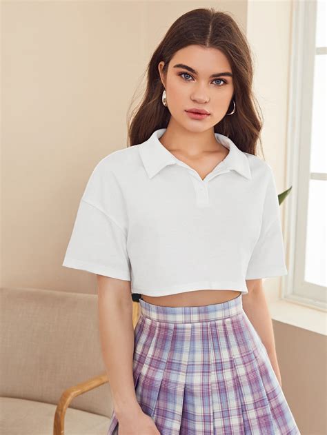 Drop Shoulder Crop Polo Shirt Polo Shirt Outfits Cropped Polo Shirt Shirt Outfit Women