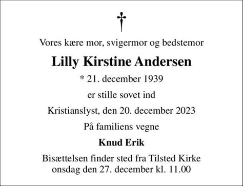 Lilly Kirstine Andersen Dødsannoncer I Danmark