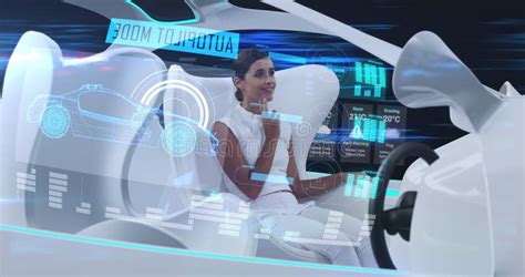 Image Of Woman Wearing White In Car In Autopilot Mode Driving Across Modern City Stock Image
