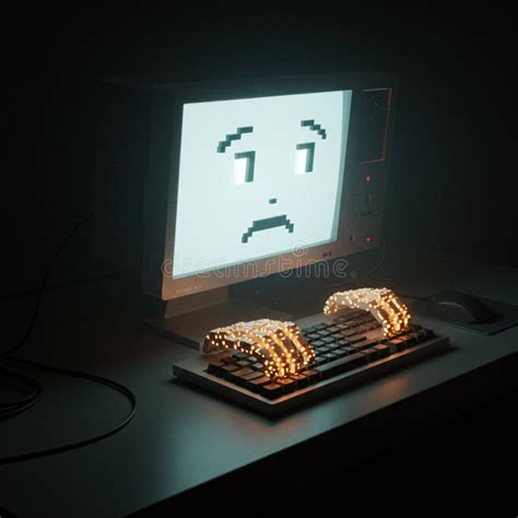 Retro Style Computer Monitor Displaying A Pixelated Sad Face Keyboard