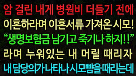 실화사연 암 걸린 내게 병원비 더들기 전에 이혼하라며 이혼서류 가져온 시모 생명보험금 남기고 죽기나 하지” 라며 누워