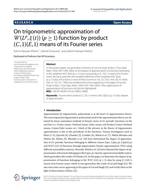 Pdf On Trigonometric Approximation Of W L ξ T P≥1 Function By Product C 1 E 1 Means Of
