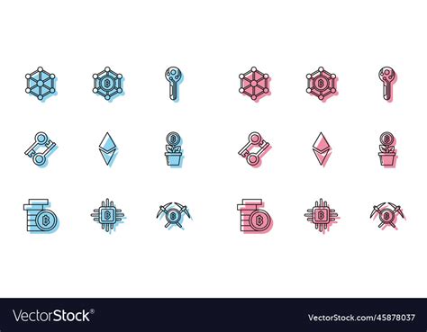 Set Line Cryptocurrency Coin Bitcoin Cpu Mining Vector Image