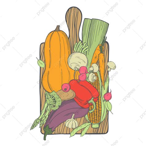 Hand Drawn Vegetables On Cutting Board Organic On Drawing Png And