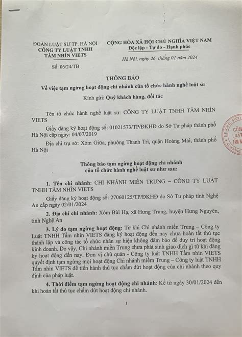 Thông Báo Về Việc Tạm Ngừng Hoạt động Của Chi Nhánh Miền Trung Công