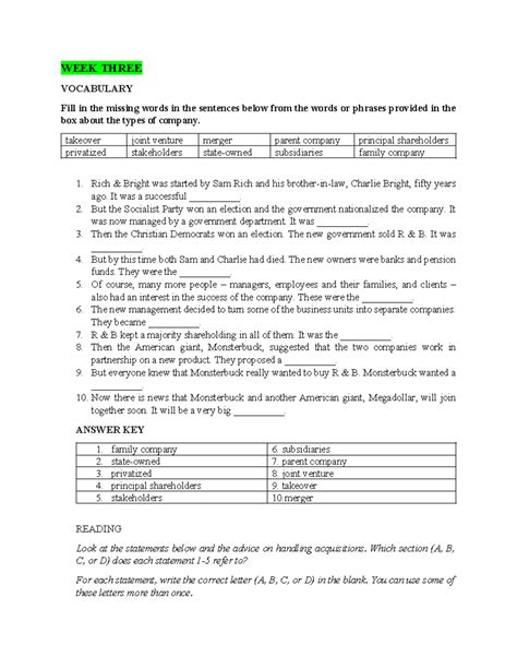 Chapter 2 Week 3 Exercises And Key Week Three Vocabulary Fill In The Missing Words In The
