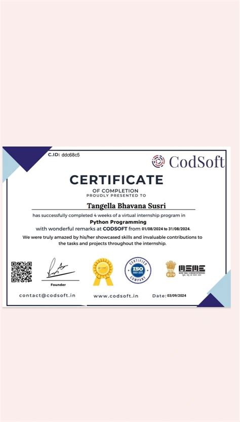 Bhavana Tangella On Linkedin Codsoft Certificate Of Completion Of