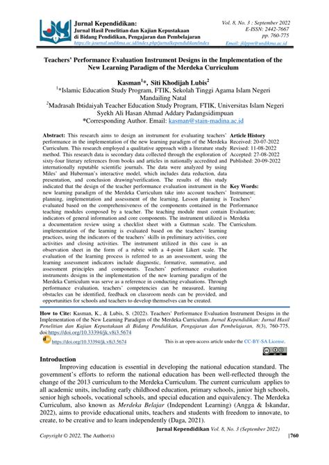 Pdf Teachers Performance Evaluation Instrument Designs In The