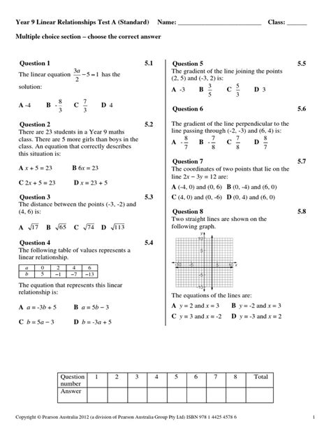 Ch5linear Relationships Test A Standard Pdf