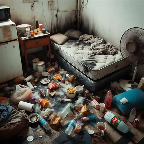 A Disgusting Dirty Bedroom With Pile Of Garbage All Over The Floor