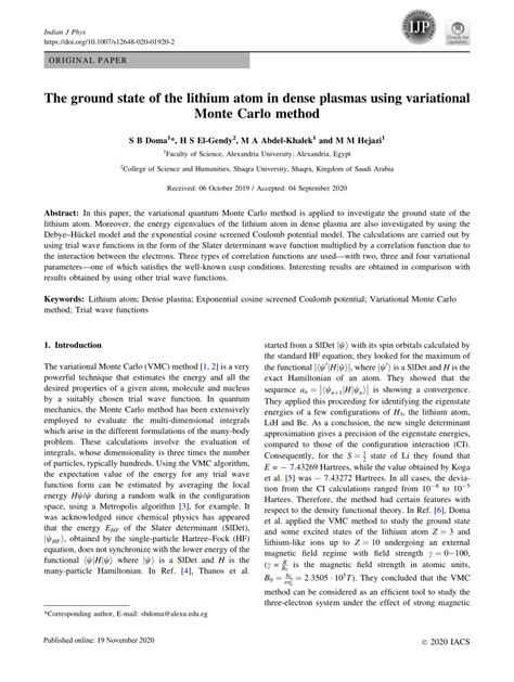 Pdf The Ground State Of The Lithium Atom In Dense Plasmas Using Variational Monte Carlo Method