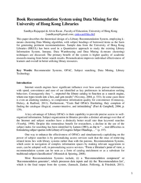 Pdf Book Recommendation System Using Data Mining For The University Of Hong Kong Libraries