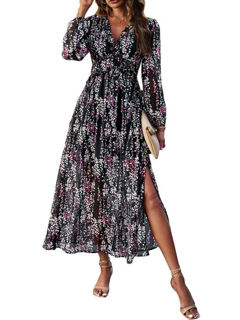 Biekopu Womens Autumn Long Floral Dress Long Sleeve Deep V Neck Ruffle Trim A Line Party Dress