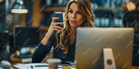 Premium Photo Woman Multitasking With Phone And Laptop At Desk In