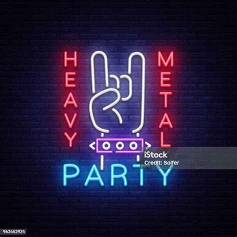 헤비 메탈 파티 네온 사인 벡터입니다 록 음악 아이콘 밤 네온 간판 디자인 요소 초대 락 파티 콘서트 축제 밝은 광고 밤 라이트 배너 벡터 일러스트 레이 션