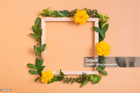 오렌지색 배경에 여름 또는 봄 구성 사각형 나무 프레임이있는 꽃과 잎은 공간 상단을 복사합니다 여름 봄 꽃 개념 0명에 대한 스톡 사진 및 기타 이미지 Istock