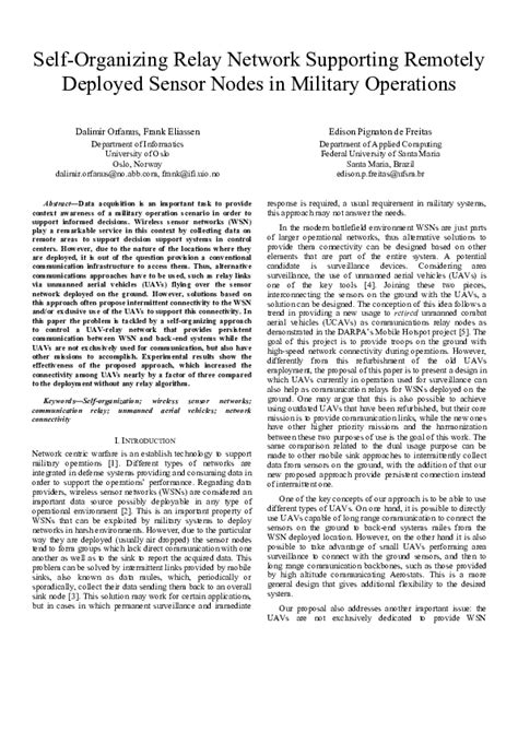 pdf self organizing relay network supporting remotely deployed sensor nodes in military operations