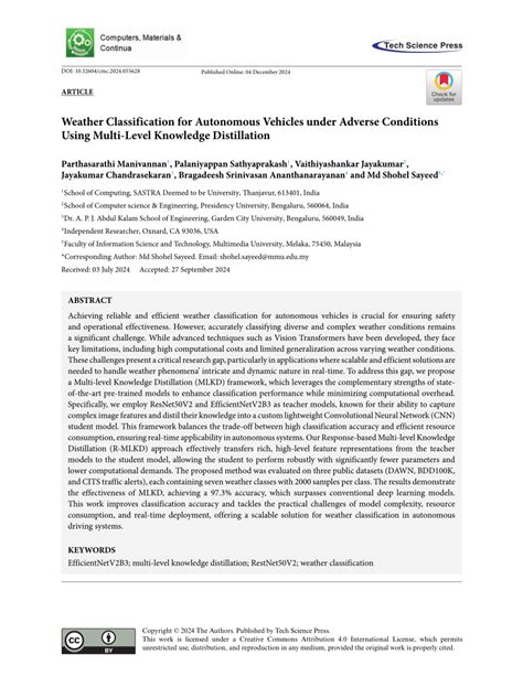 Pdf Article Weather Classification For Autonomous Vehicles Under
