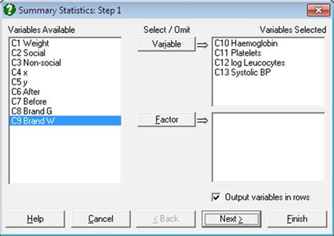 Unistat Statistics Software Variable Selection Dialogue