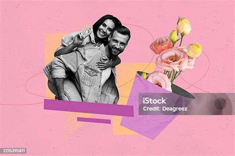 전체 팝 이미지 배너 3d 사진 콜라주 두 행복 한 소녀 남자 함께 춤 유스토마 꽃 봄 휴일 발렌타인 데이 이벤트 25 29세에 대한 스톡 사진 및 기타 이미지 Istock