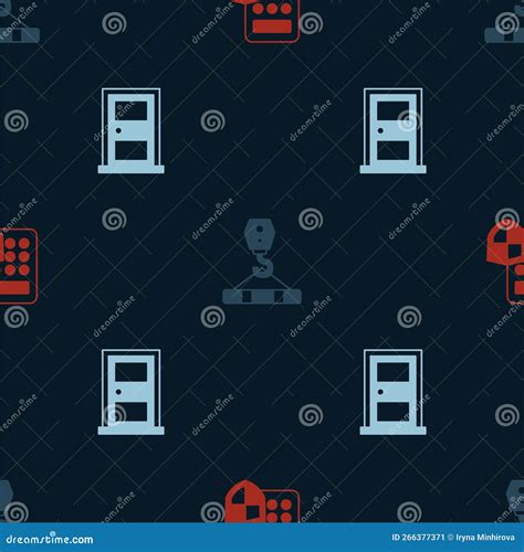 Set Security Keypad Access Panel Crane Hook And Closed Door On Seamless Pattern Vector Stock
