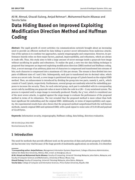 Pdf Data Hiding Based On Improved Exploiting Modification Direction Method And Huffman Coding