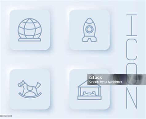 세트 라인 놀이터 등반 장비 로켓 선박 장난감 말 안장 스윙과 모래와 샌드 박스 흰색 정사각형 버튼 벡터 Launch Party에 대한 스톡 벡터 아트 및 기타 이미지