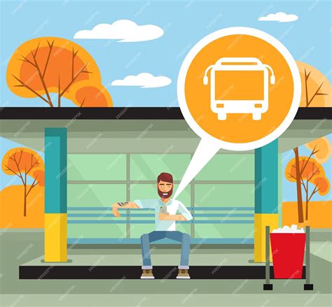 Premium Vector Man On The Bus Station Using Mobile App Flat Illustration