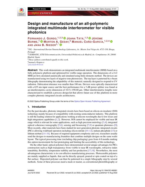 Pdf Design And Manufacture Of An All Polymeric Integrated Multimode Interferometer For Visible