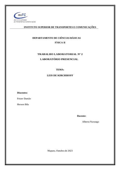 Um Relatorio Da Isutc Manuais Projetos Pesquisas Engenharia Física Docsity