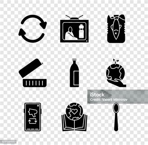 세트 새로 고침 플라스틱 오염을 중지 바다 메가 폰 모바일 지구 지구 지구와 책 일회용 숟가락 도시락 상자와 로션 화장품 튜브 아이콘 벡터 0명에 대한 스톡 벡터 아트 및